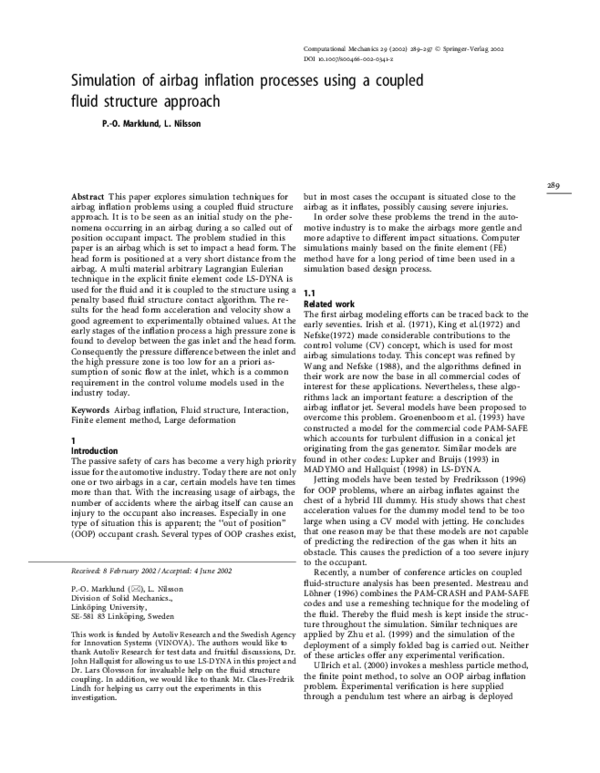 Pdf Simulation Of Airbag Inflation Processes Using A Coupled Fluid Structure Approach
