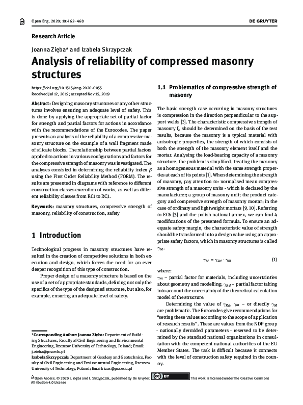 (PDF) Analysis of reliability of compressed masonry structures