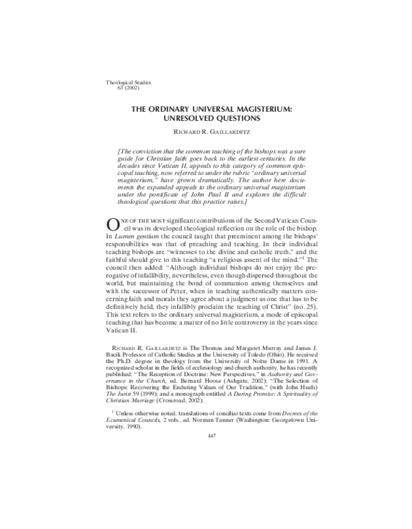 (PDF) The Ordinary Universal Magisterium: Unresolved Questions