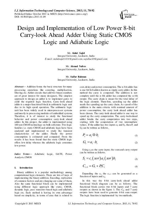 Pdf Design And Implementation Of Low Power 8 Bit Carry Look Ahead Adder Using Static Cmos