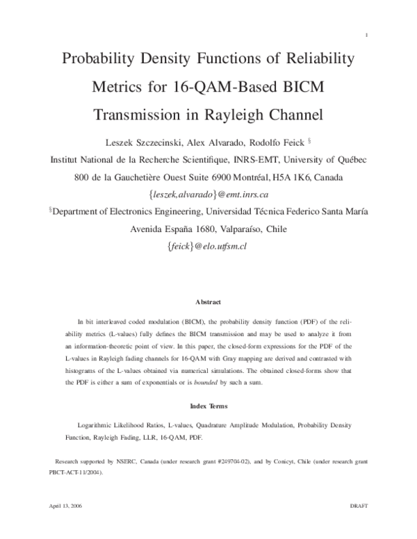 (PDF) Probability density functions of reliability metrics for 16-QAM-based BICM transmission in ...