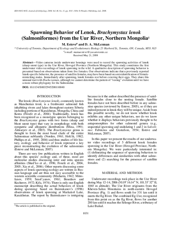 (PDF) Spawning behavior of lenok, Brachymystax lenok (Salmoniformes ...