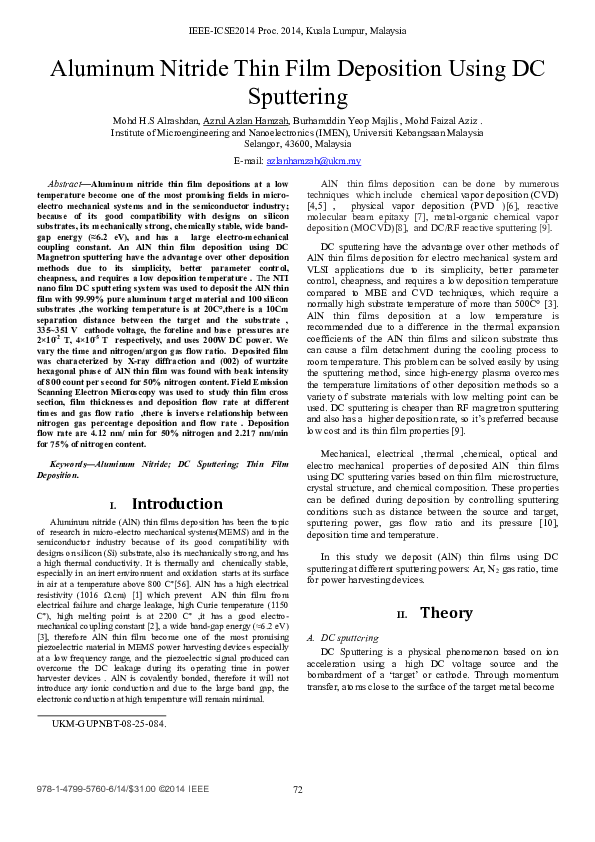 (PDF) Aluminum nitride thin film deposition using DC sputtering