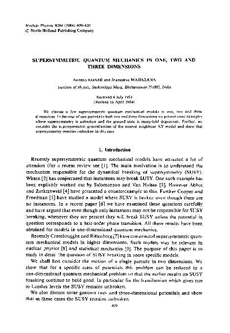 (PDF) Supersymmetric Quantum Mechanics in 1D, 2D, and 3D Models