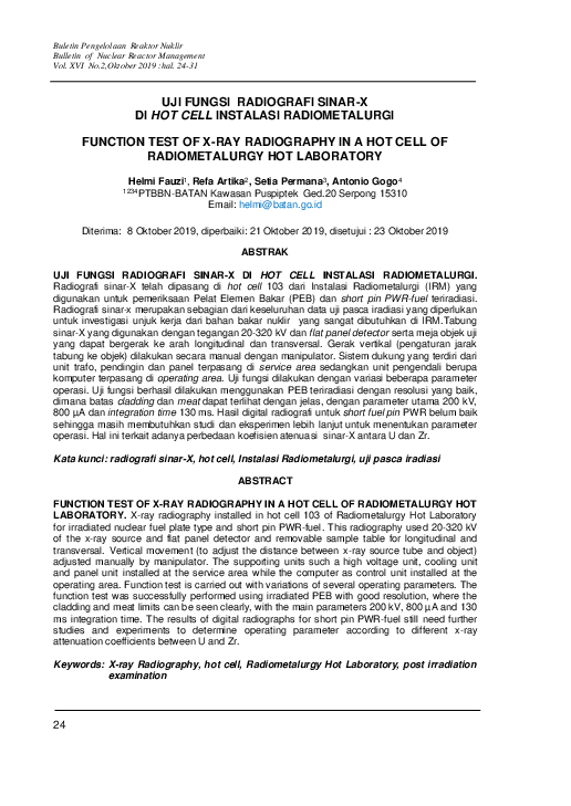 (PDF) Instalasi dan Uji Fungsi Radiografi Sinar-X di Hot Cell Instalasi ...