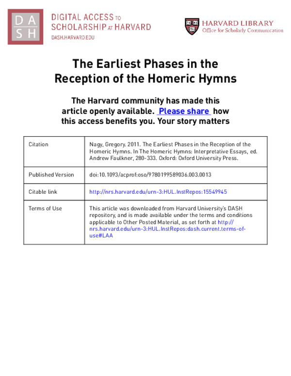 (PDF) The Earliest Phases in the Reception of the Homeric Hymns