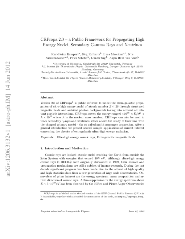 (PDF) CRPropa 2.0 – A public framework for propagating high energy ...