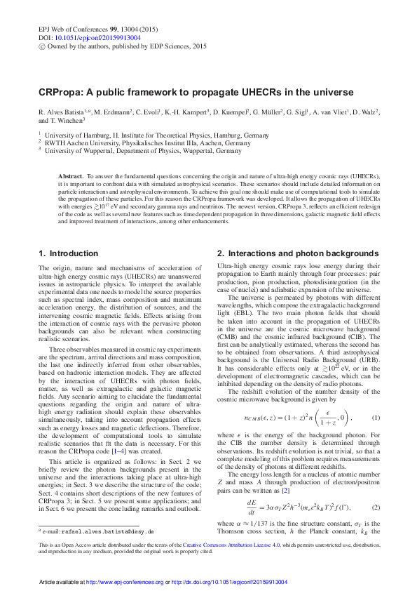 (PDF) CRPropa: A public framework to propagate UHECRs in the universe