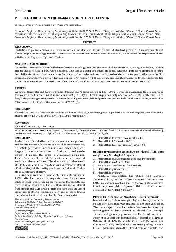 (PDF) Pleural Fluid Ada in the Diagnosis of Pleural Effusion