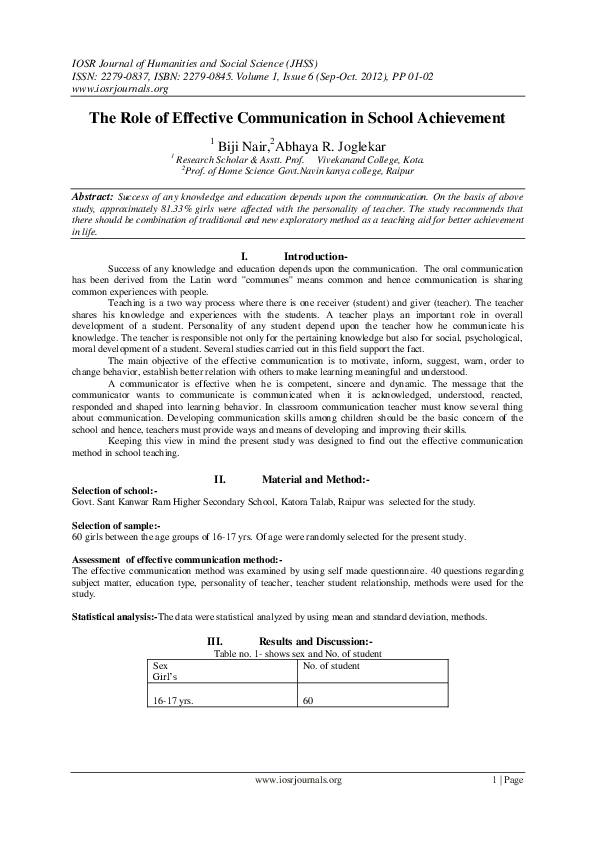 (PDF) The Role of Effective Communication in School Achievement