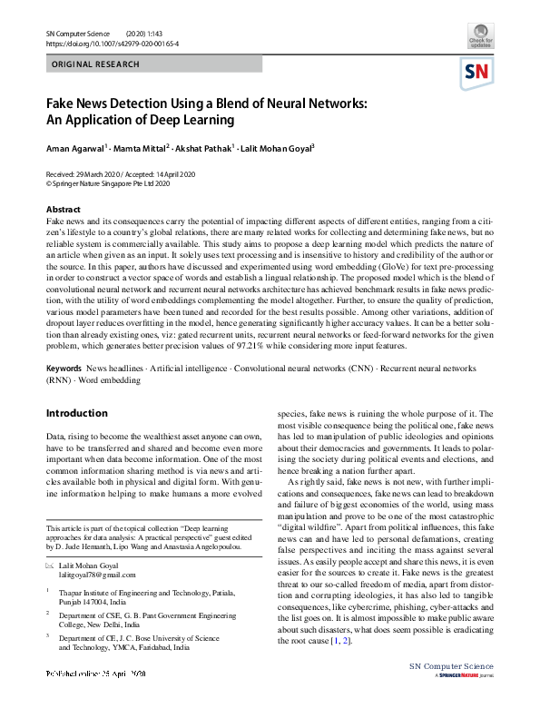 (PDF) Fake News Detection Using a Blend of Neural Networks: An Application of Deep Learning