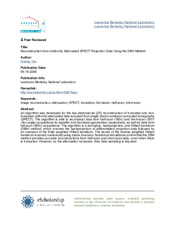 Pdf Reconstruction From Uniformly Attenuated Spect Projection Data Using The Dbh Method