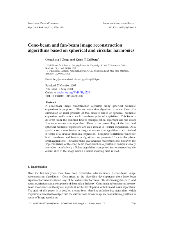 Pdf Cone Beam And Fan Beam Image Reconstruction Algorithms Based On Spherical And Circular