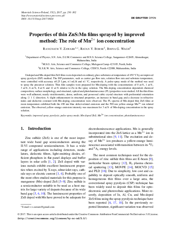 (PDF) Properties of thin ZnS:Mn films sprayed by improved method: The ...