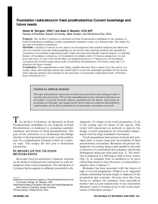 (PDF) Foundation restorations in fixed prosthodontics: Current ...