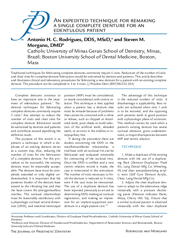 (PDF) An expedited technique for remaking a single complete denture for ...