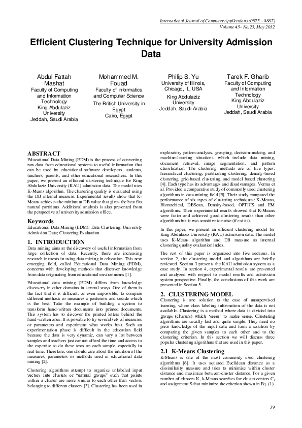 (PDF) Efficient Clustering Technique for University Admission Data