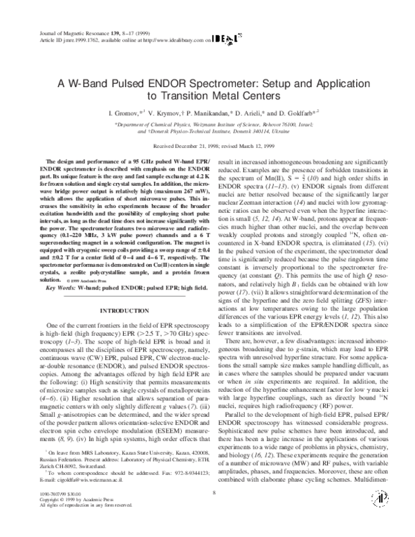 (PDF) A W-Band Pulsed ENDOR Spectrometer: Setup and Application to ...