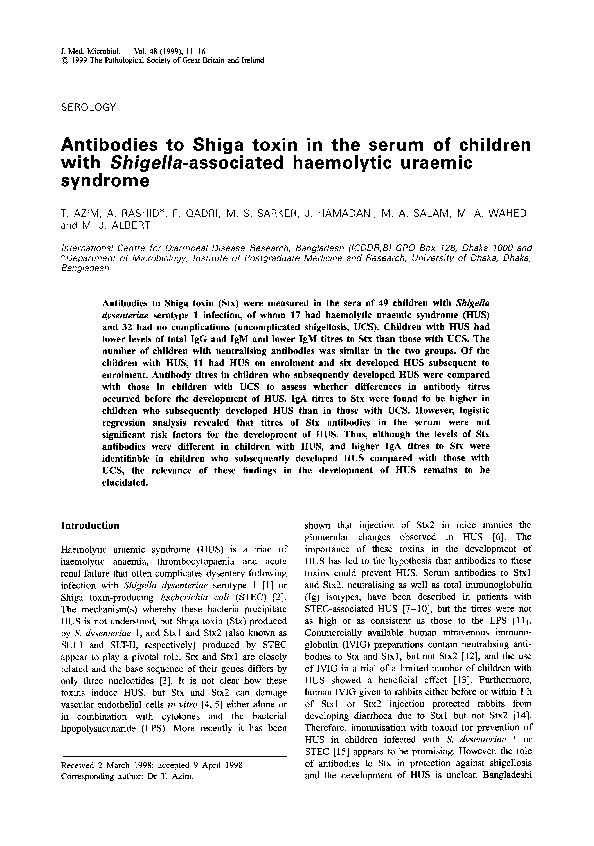 (PDF) Antibodies to Shiga toxin in the serum of children with Shigella ...