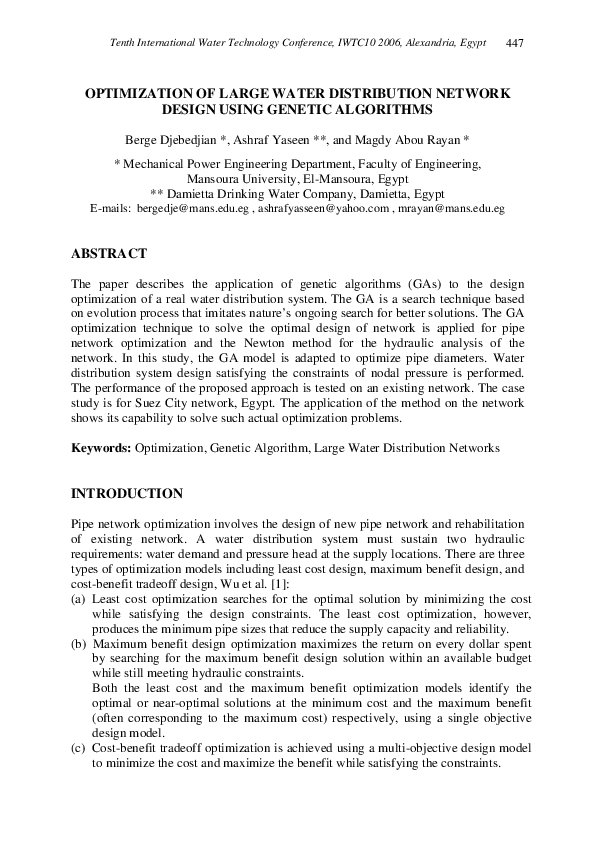 Pdf Optimization Of Large Water Distribution Network Design Using Genetic Algorithms Ashraf