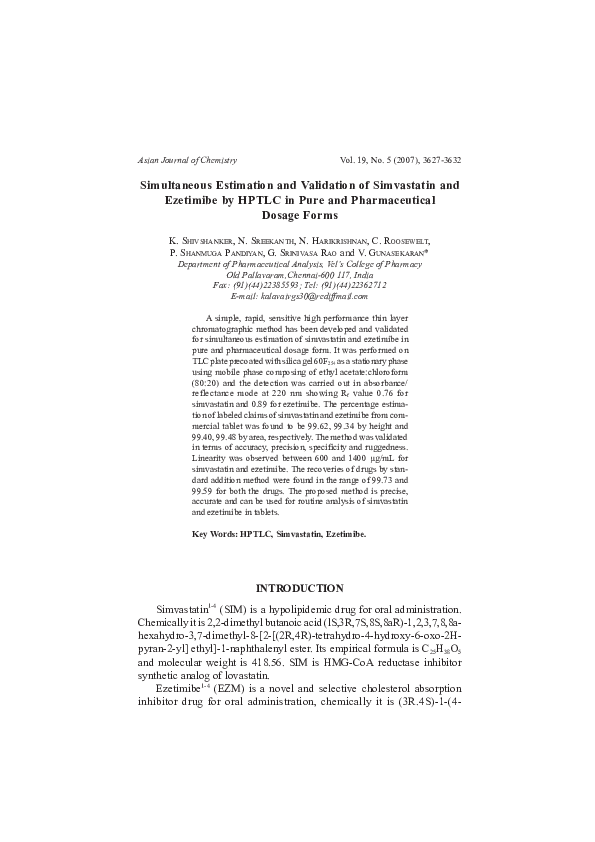 (PDF) Simultaneous Estimation and Validation of Simvastatin and Ezetimibe by HPTLC in Pure and ...