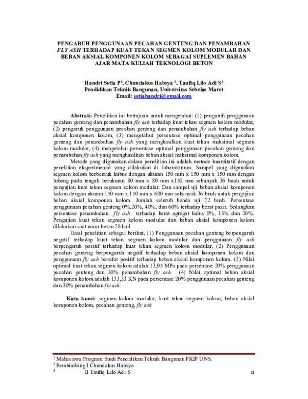 (PDF) Pengaruh Penggunaan Pecahan Genteng Dan Penambahan Fly Ash Terhadap Kuat Tekan Segmen ...