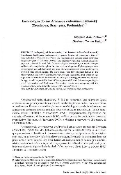 Embriologia do siri Arenaeus cribrarius (Lamarck) (Crustacea, Brachyura ...