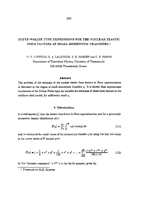 (PDF) Nuclear Elastic Form Factors: Debye-Waller Expressions at Low q