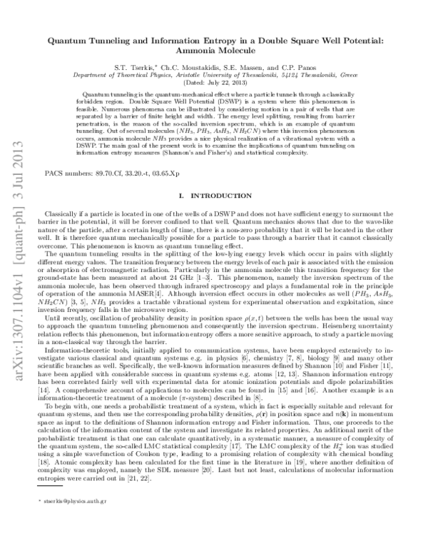 (PDF) Quantum tunneling and information entropy in a double square well potential: The ammonia ...