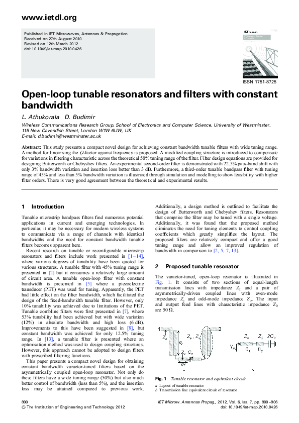 (PDF) Open-loop tunable resonators and filters with constant bandwidth