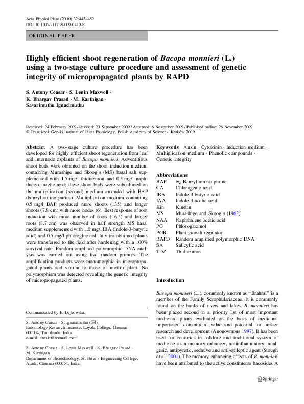 (PDF) Highly efficient shoot regeneration of Bacopa monnieri (L.) using a two-stage culture ...