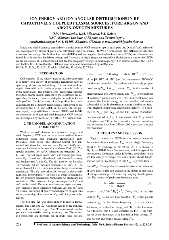 (PDF) Ion Energy and Ion Angular Distributions in RF Capacitively ...