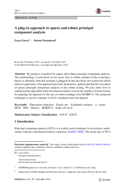 (PDF) A plug-in approach to sparse and robust principal component analysis