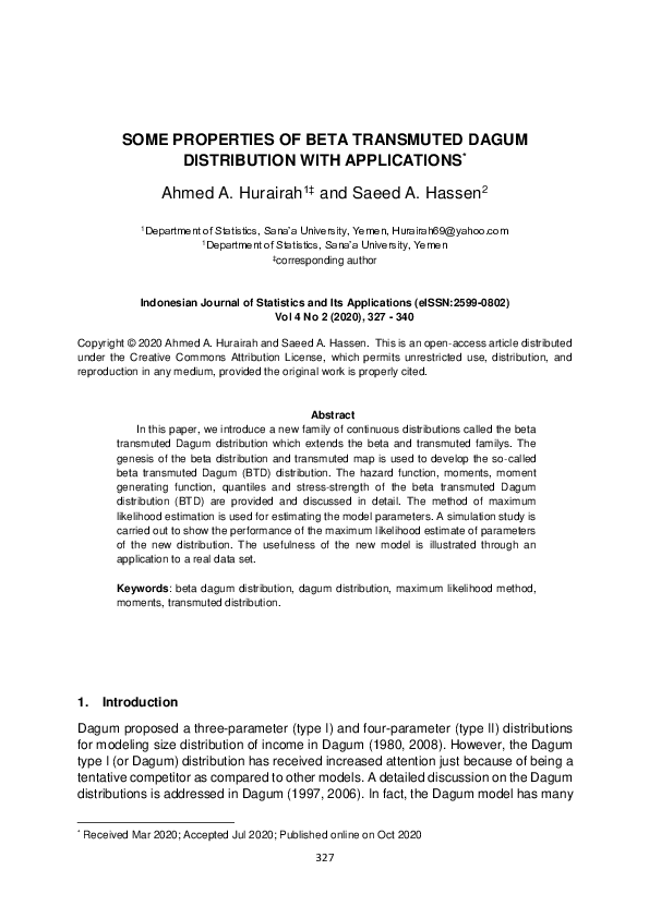 (PDF) Some Properties of Beta Transmuted Dagum Distribution with Applications