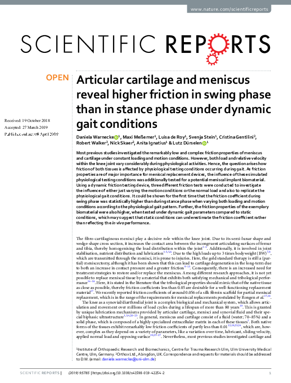 (PDF) Articular cartilage and meniscus reveal higher friction in swing ...
