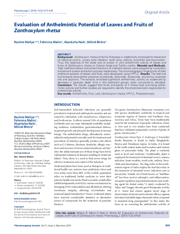(PDF) Evaluation of Anthelmintic Potential of Leaves and Fruits of ...