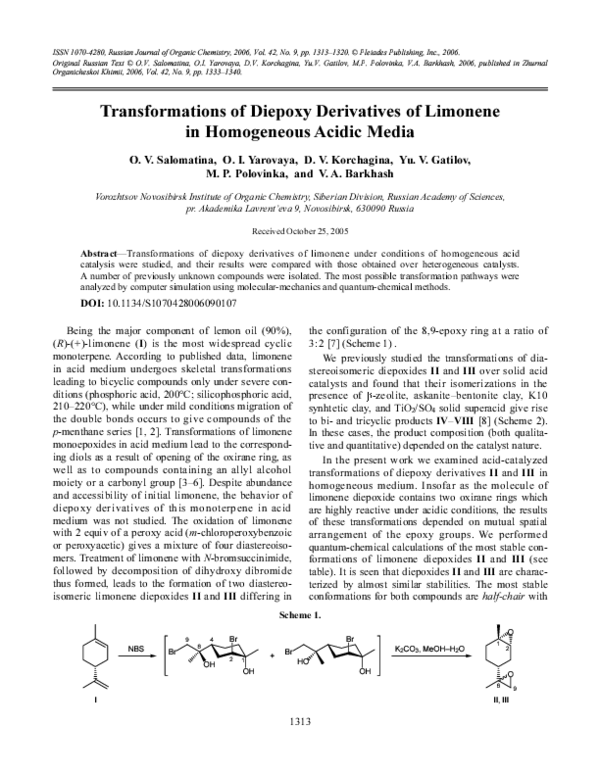 (PDF) Transformations of diepoxy derivatives of limonene in homogeneous ...