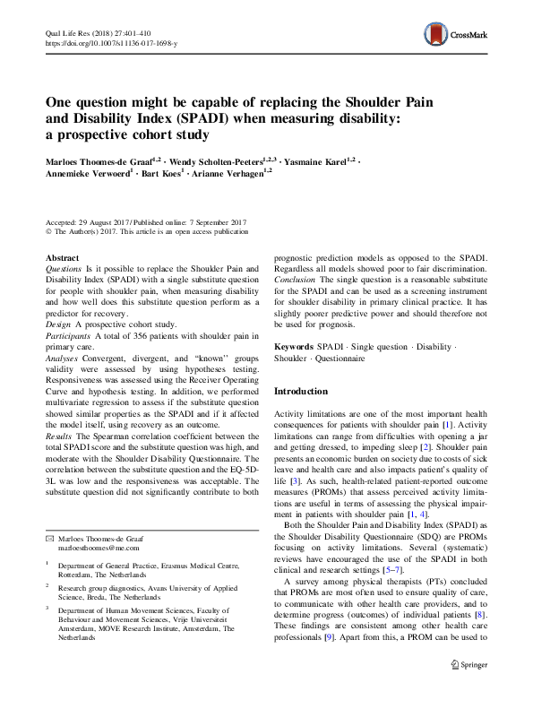 (PDF) One question might be capable of replacing the Shoulder Pain and ...