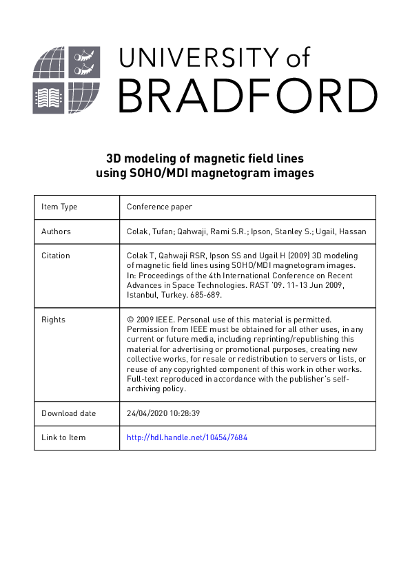 (PDF) 3D modeling of magnetic field lines using SOHO/MDI magnetogram images
