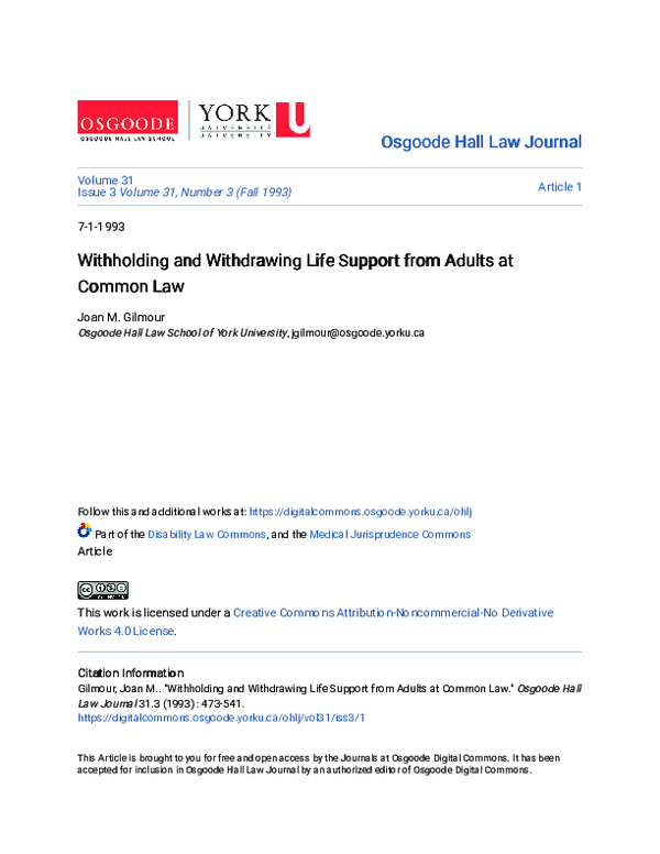 (PDF) Withholding and Withdrawing Life Support from Adults at Common ...