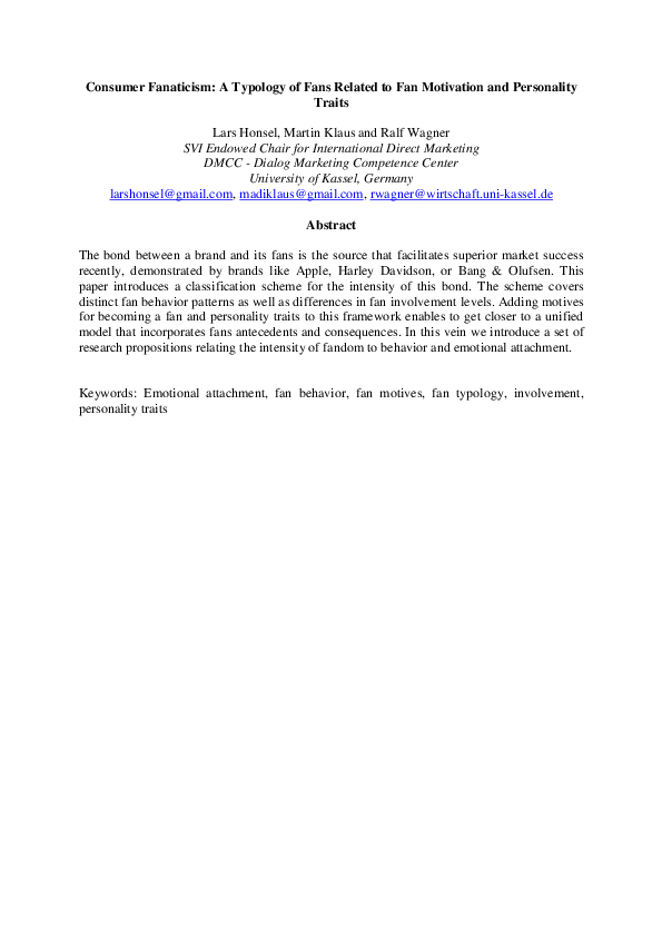 (PDF) Consumer Fanaticism: A Typology of Fans Related to Fan Motivation ...
