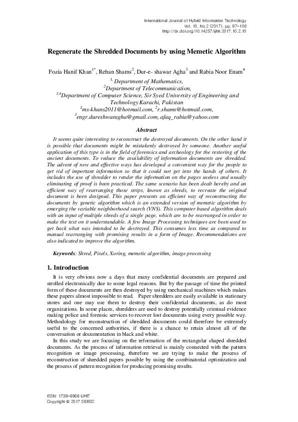Pdf Regenerate The Shredded Documents By Using Memetic Algorithm