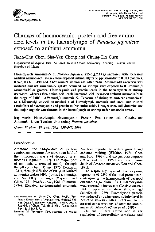 (PDF) Changes of haemocyanin, protein and free amino acid levels in the ...