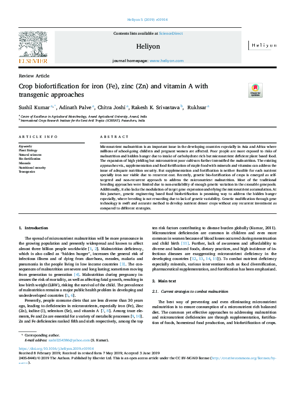 (PDF) Crop biofortification for iron (Fe), zinc (Zn) and vitamin A with ...