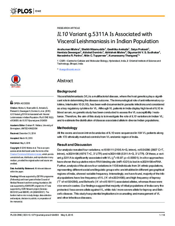 (PDF) IL10 Variant g.5311A Is Associated with Visceral Leishmaniasis in ...