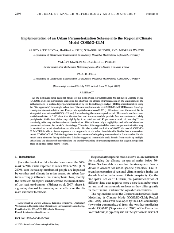 (PDF) Implementation of an Urban Parameterization Scheme into the Regional Climate Model COSMO-CLM