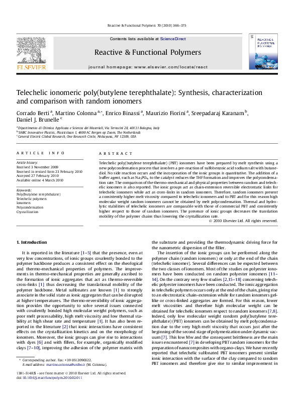 (PDF) Telechelic ionomeric poly(butylene terephthalate): Synthesis, characterization and ...