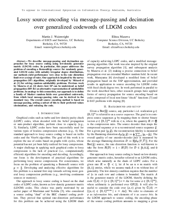 Pdf Lossy Source Encoding Via Message Passing And Decimation Over Generalized Codewords Of