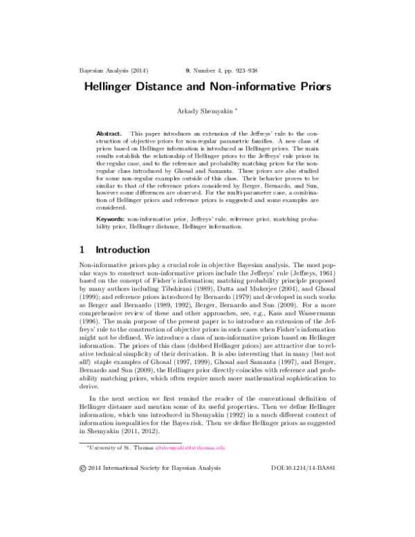 (PDF) Hellinger Distance and Non-informative Priors