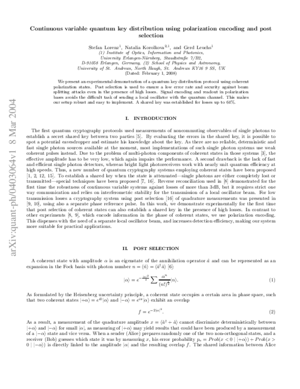 (PDF) Continuous-variable quantum key distribution using polarization encoding and post selection